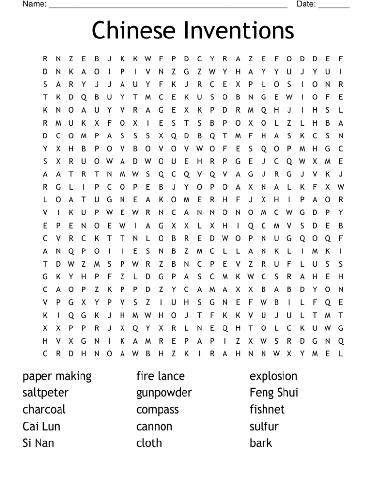 Chinese Inventions Word Search Printable - Word Search Printable