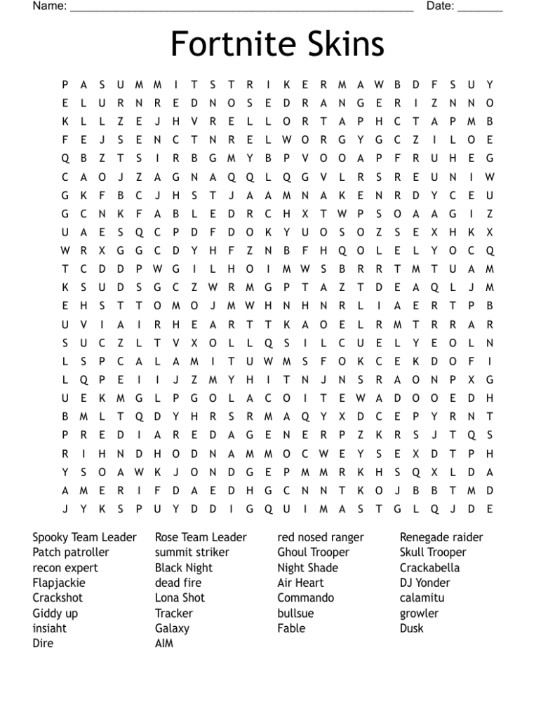 Fortnite Word Search Printable Skins - Word Search Printable