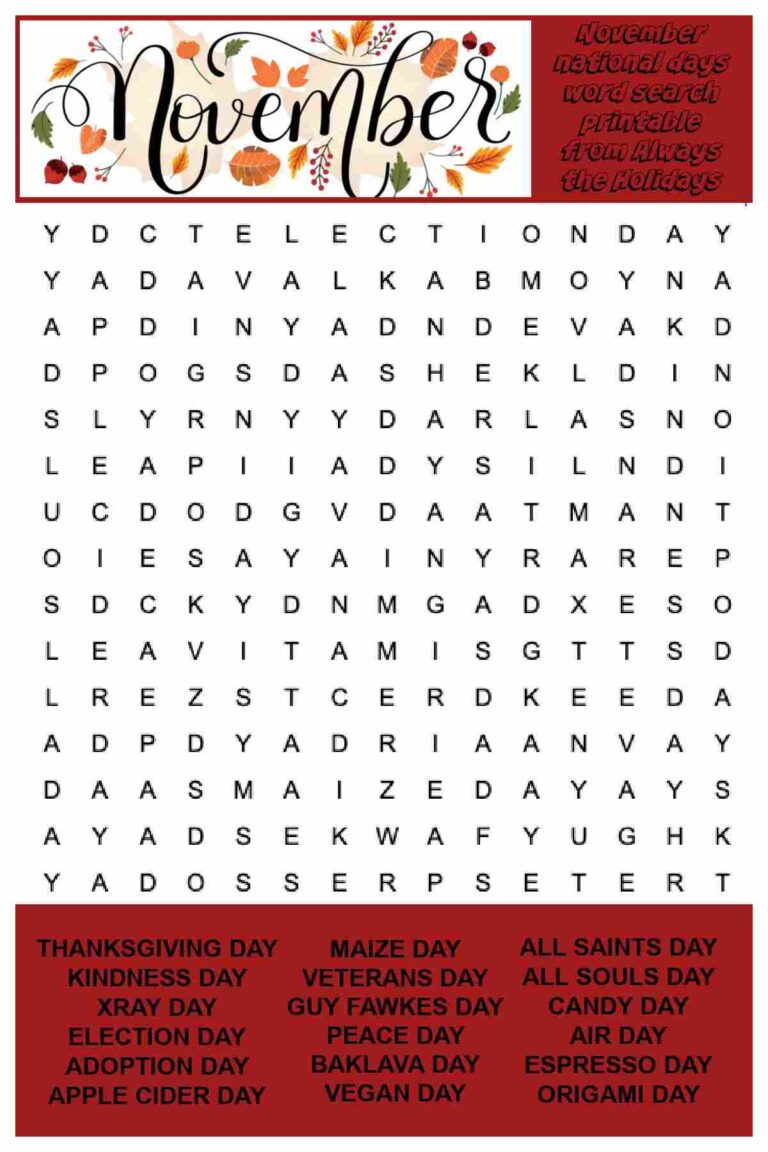 Printable Word Search November - Word Search Printable