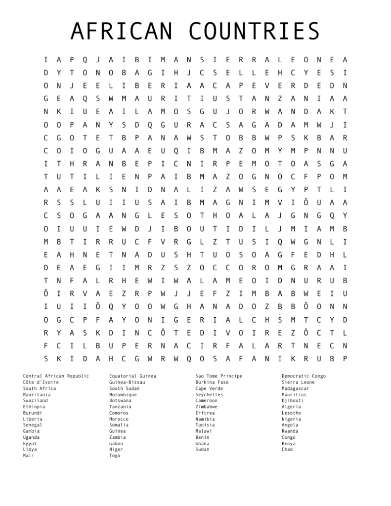African Countries Word Search Puzzles Printable - Word Search Printable