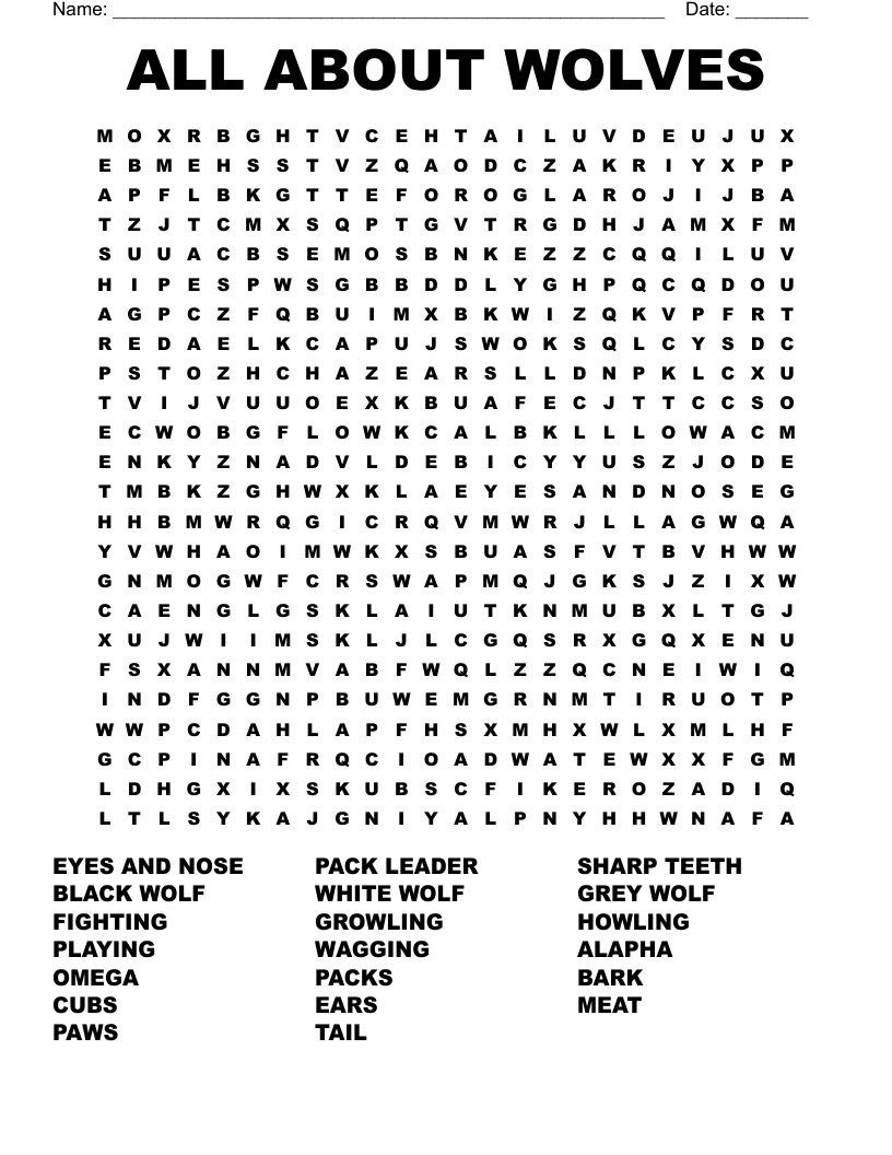 Printable Wolf Word Search - Word Search Printable