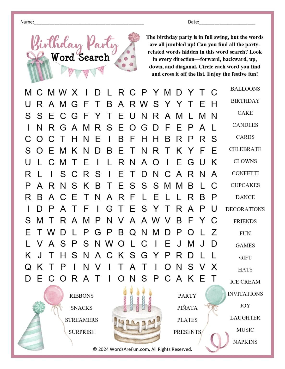Birthday Party Word Search Printable - Word Search Printable