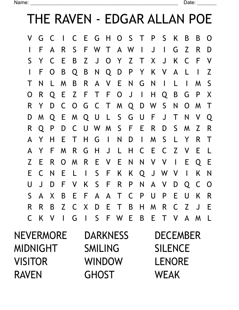 Edgar Allan Poe Printable Word Search - Word Search Printable